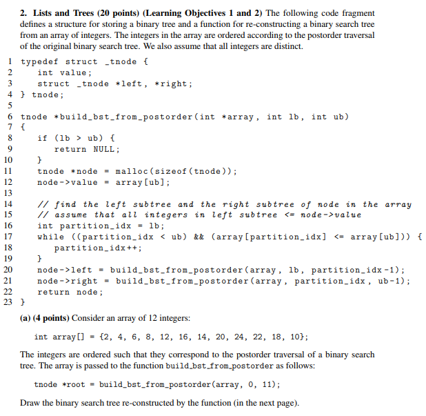 2. Lists and Trees (20 points) (Learning Objectives 1 | Chegg.com