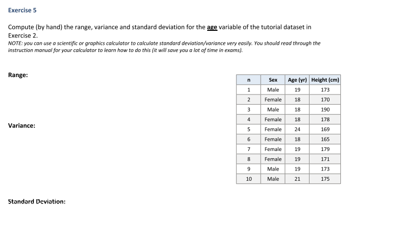 Solved Exercise 5 Compute (by hand) the range, variance and | Chegg.com