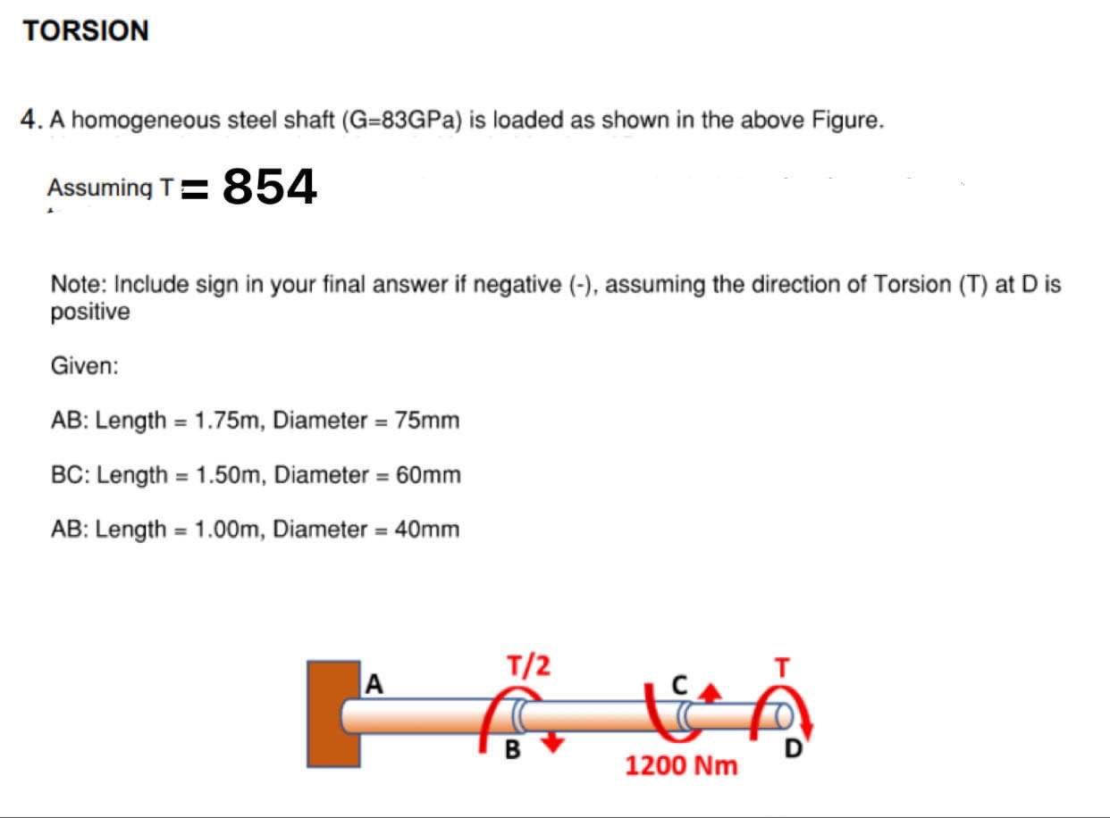 4. A homogeneous steel shaft ( G=83GPa ) is loaded as | Chegg.com