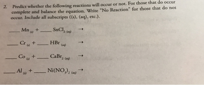 Solved Predict whether the following reactions will occur or | Chegg.com