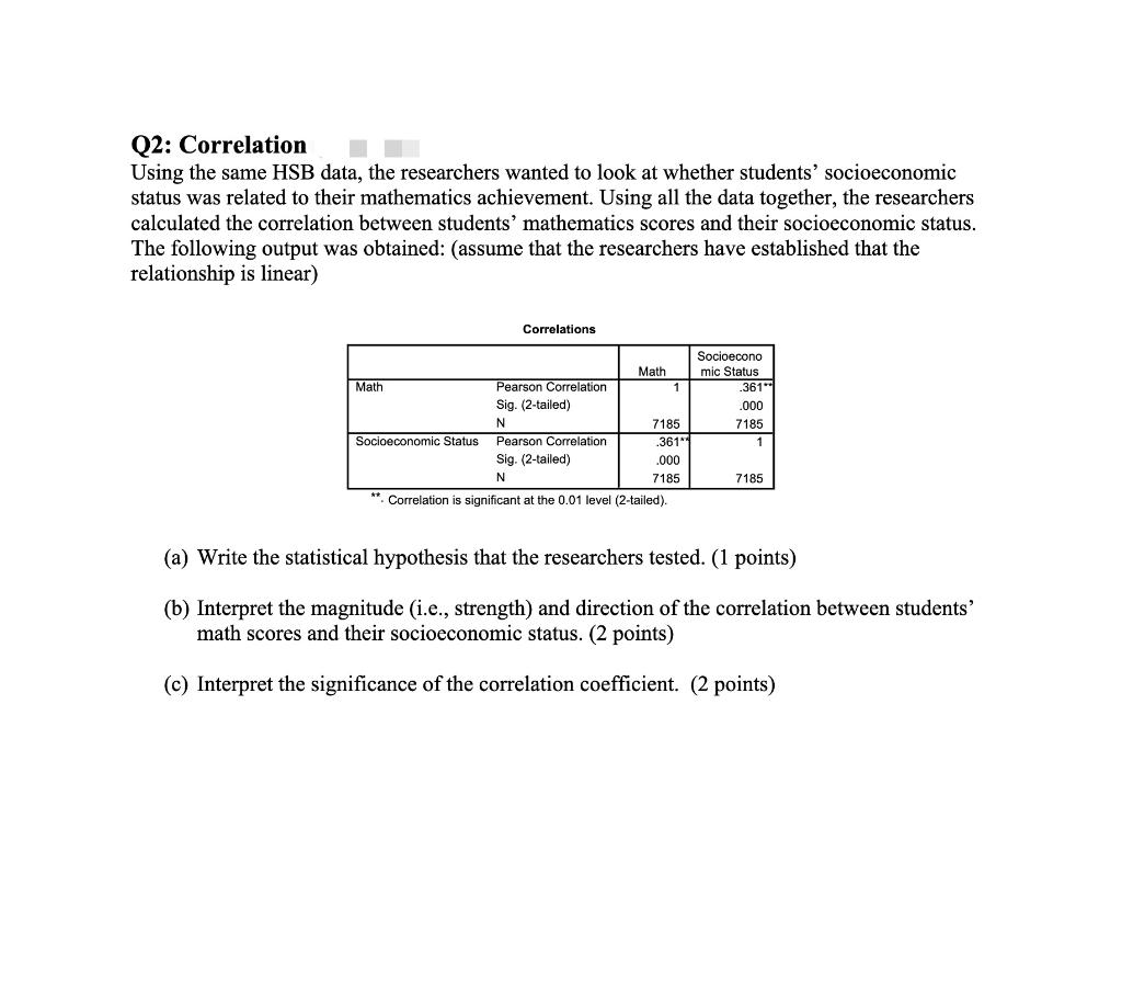 Solved Q2: Correlation Using the same HSB data, the | Chegg.com