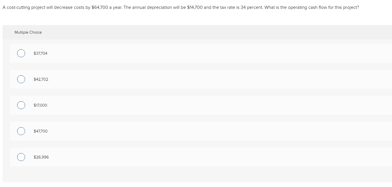 Solved A cost-cutting project will decrease costs by $64,700 | Chegg.com