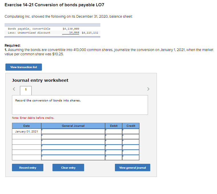 Solved Exercise 14-21 Conversion of bonds payable LO7 | Chegg.com