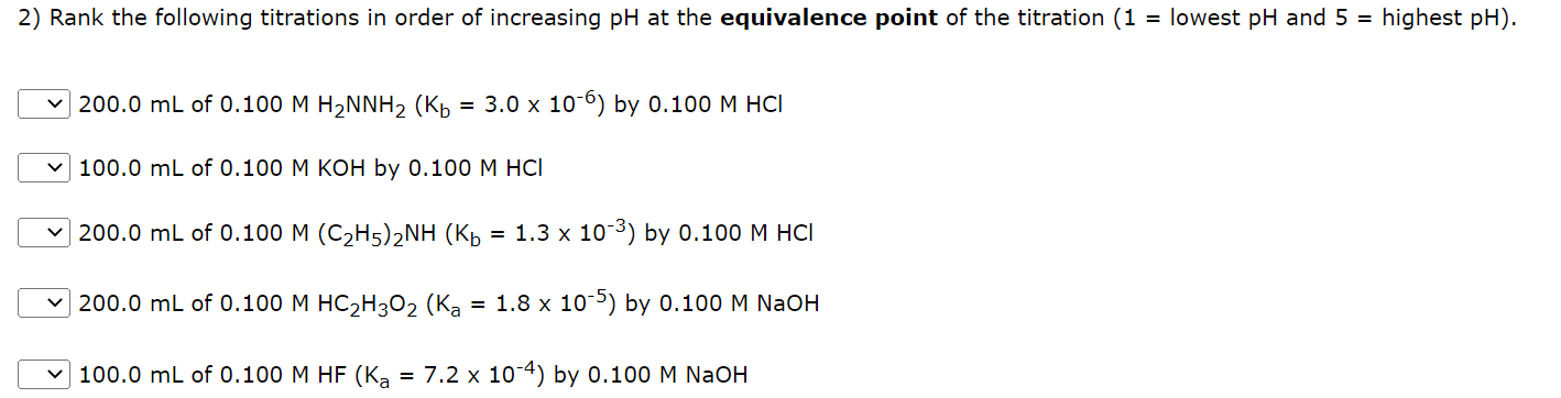 Solved 2) Rank the following titrations in order of | Chegg.com