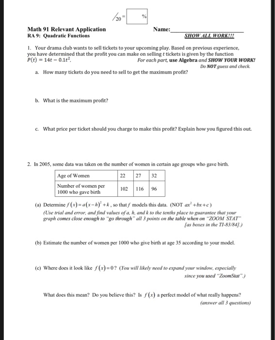 Solved 20 Math 91 Relevant Application RA 9: Quadratic | Chegg.com
