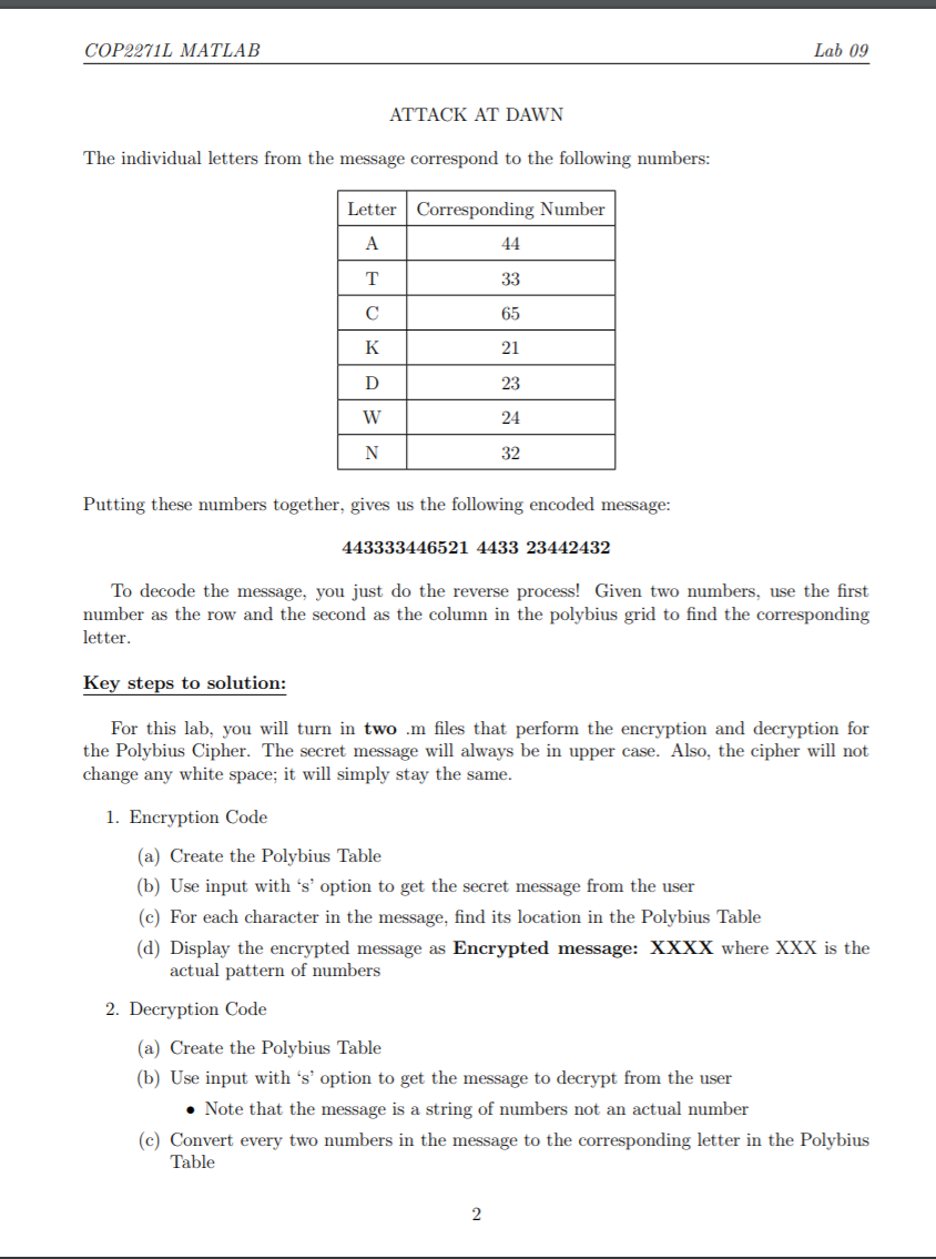 COP2271L MATLAB Lab 09 Polybius Square Cipher Key | Chegg.com