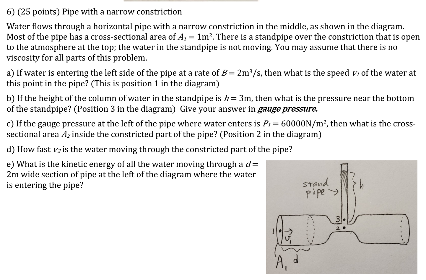Solved 6) (25 points) Pipe with a narrow constriction Water | Chegg.com