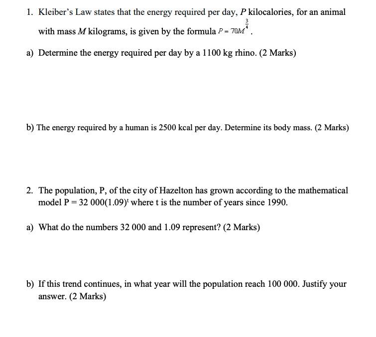 Solved 1. Kleiber's Law states that the energy required per | Chegg.com