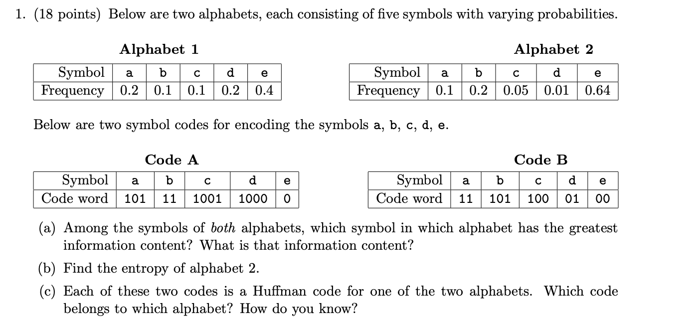 Solved 1. (18 points) Below are two alphabets, each | Chegg.com