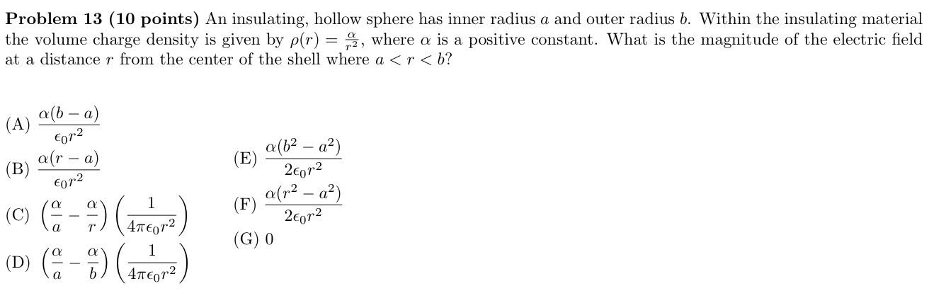 Solved Problem 13 (10 points) An insulating, hollow sphere | Chegg.com