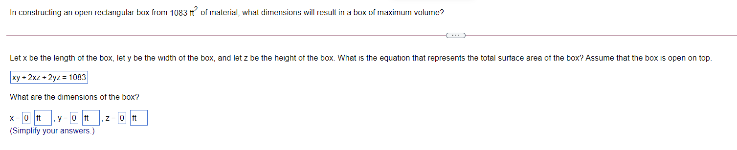 Solved In constructing an open rectangular box from 1083 ft | Chegg.com