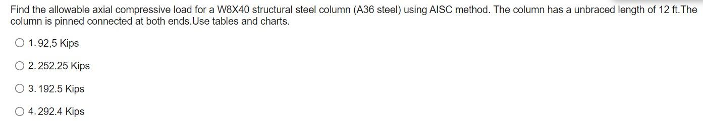 Solved Find the allowable axial compressive load for a W8X40 | Chegg.com