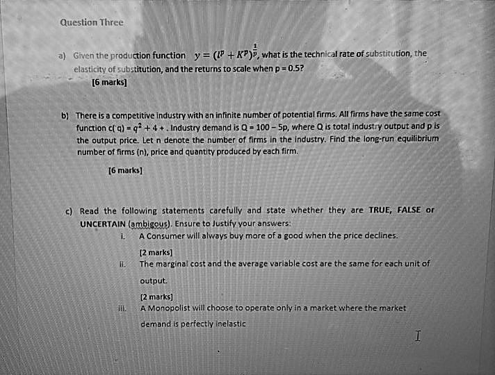 Solved a) Given the production function y=(lp+Kp)p1, what is | Chegg.com