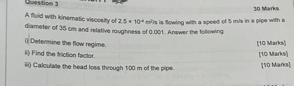 Solved 30 Marks A fluid with kinematic viscosity of 2.5×10−4 | Chegg.com