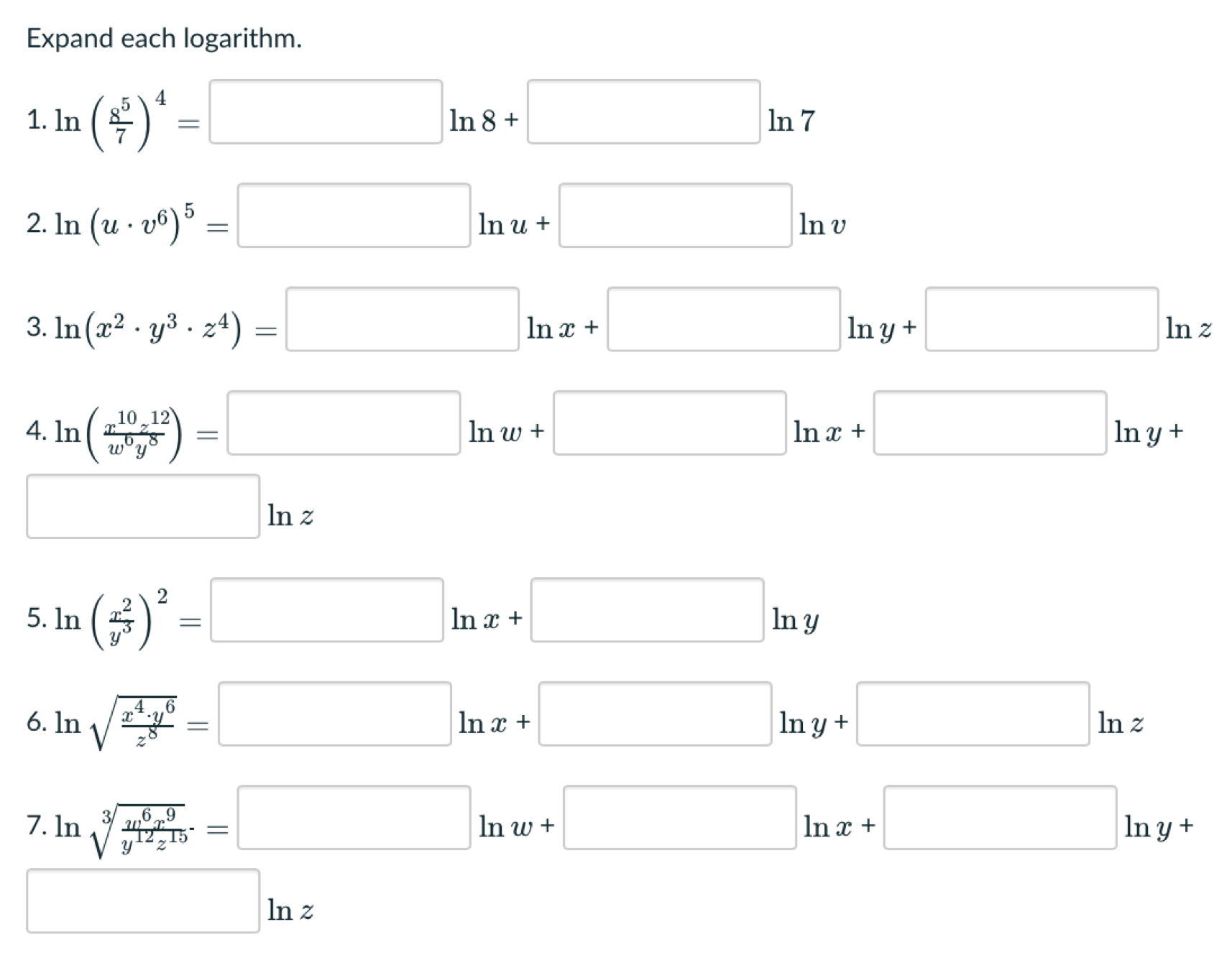 Solved Expand each logarithm. 1. ln(785)4= | Chegg.com