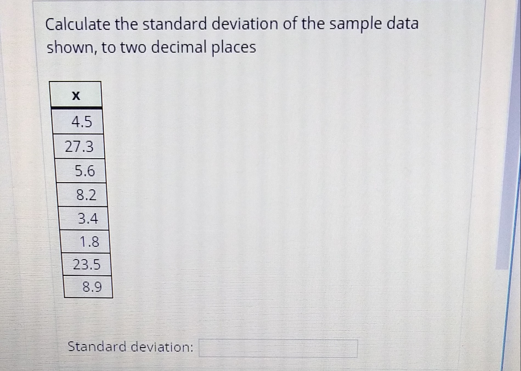 Solved Calculate the standard deviation of the sample data | Chegg.com