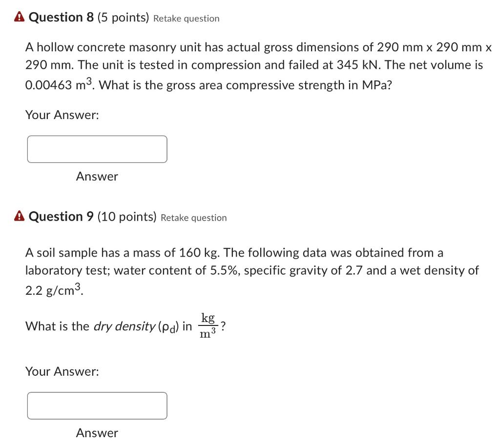Solved A hollow concrete masonry unit has actual gross | Chegg.com