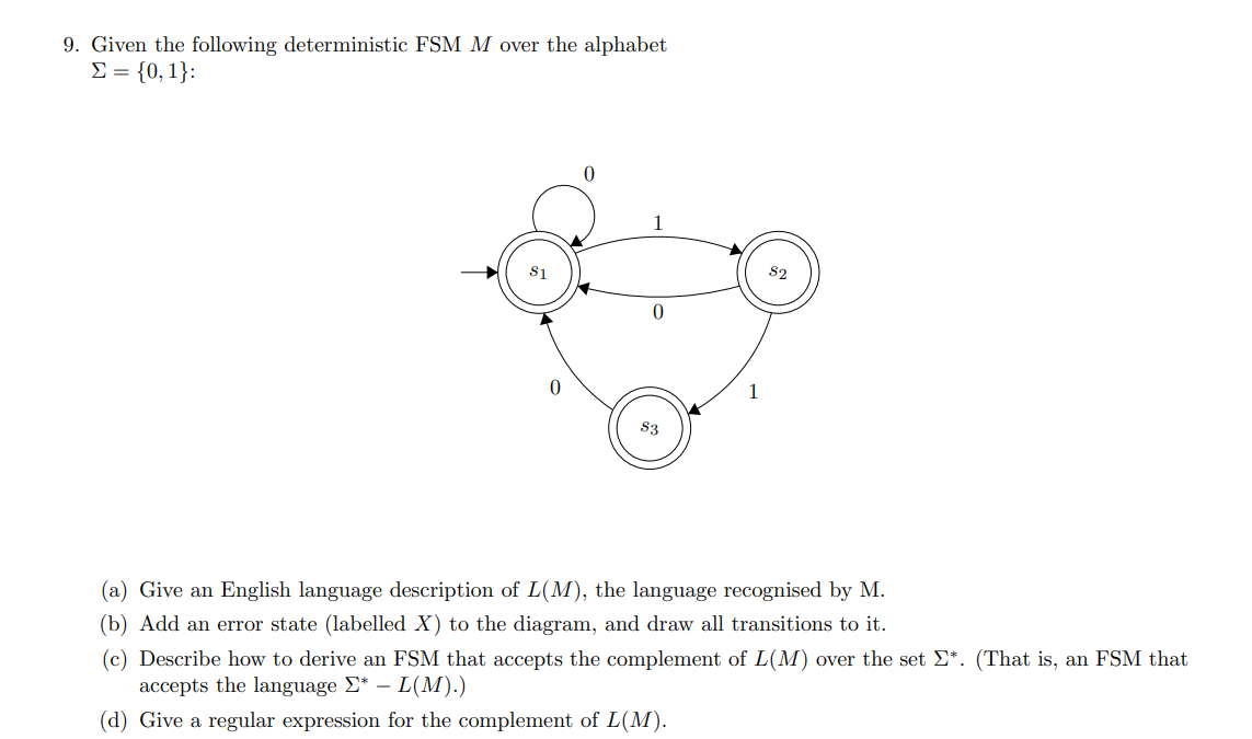 Solved 9. Given the following deterministic FSM M over the | Chegg.com