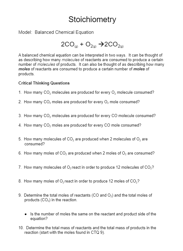 Solved Stoichiometry Model: Balanced Chemical Equation 200g | Chegg.com