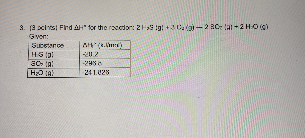 Solved 3. (3 points) Find AH° for the reaction: 2 H2S (g) + | Chegg.com