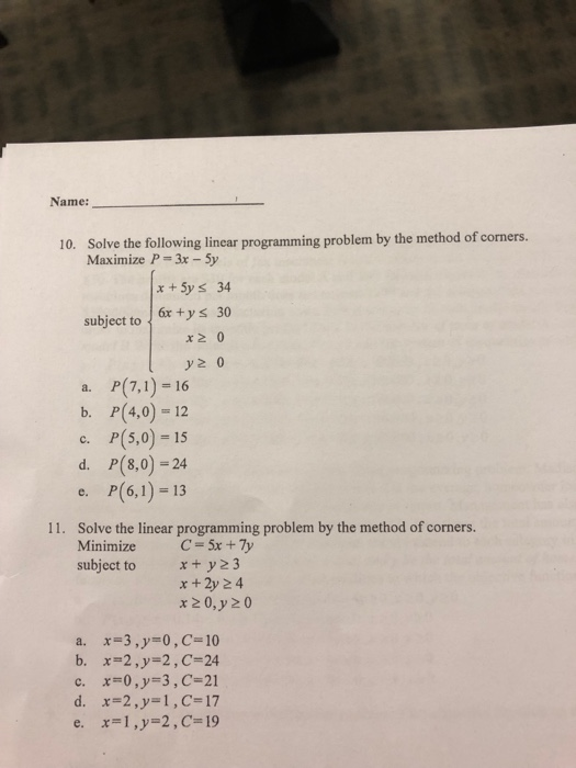 Solved Name: Solve the following lincar programming problem | Chegg.com