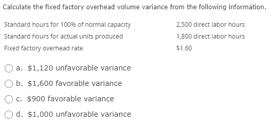 Solved Calculate the fixed factory overhead volume variance | Chegg.com