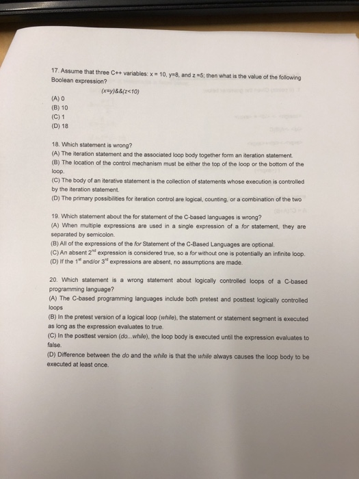 Solved 17 Assume That Three C Variables X Boolean 0518