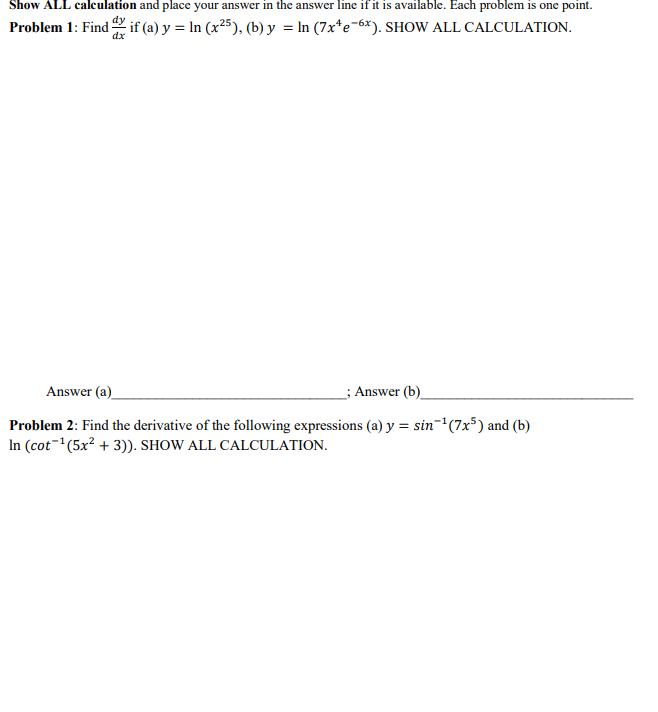 Solved Show ALL calculation and place your answer in the | Chegg.com