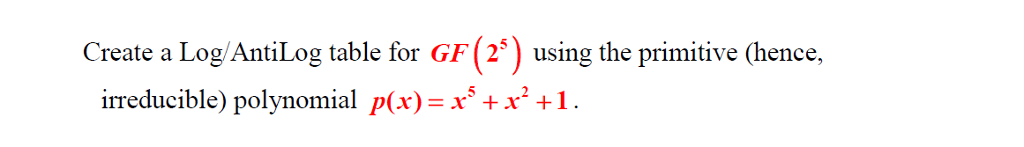 Solved Create a Log/AntiLog table for GF(2) using the | Chegg.com