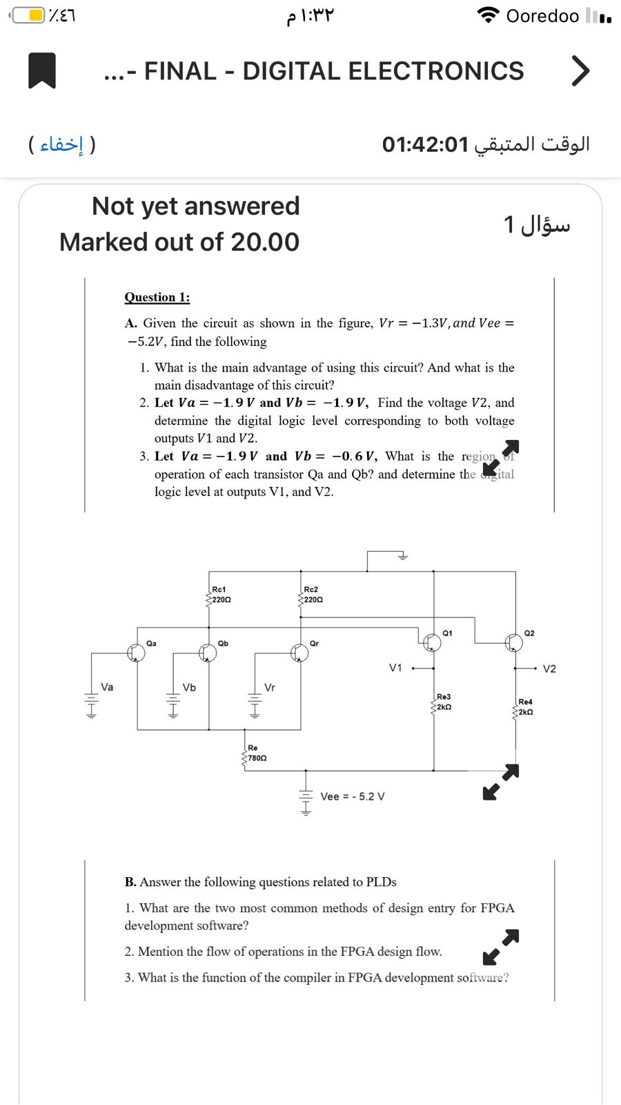 Solved Question 1:A. ﻿Given the circuit as shown in the | Chegg.com