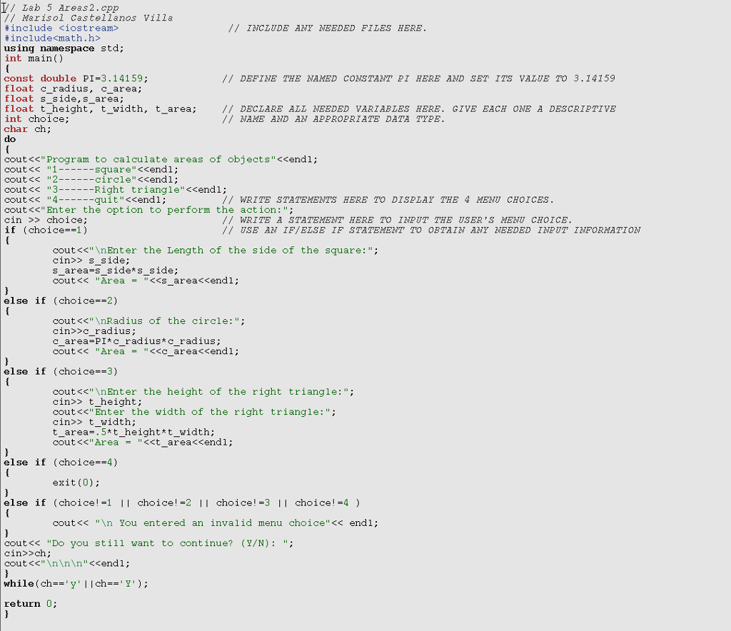 Solved Lab 5 Areas2.cpp Marisol castellanos Villa tinclude | Chegg.com