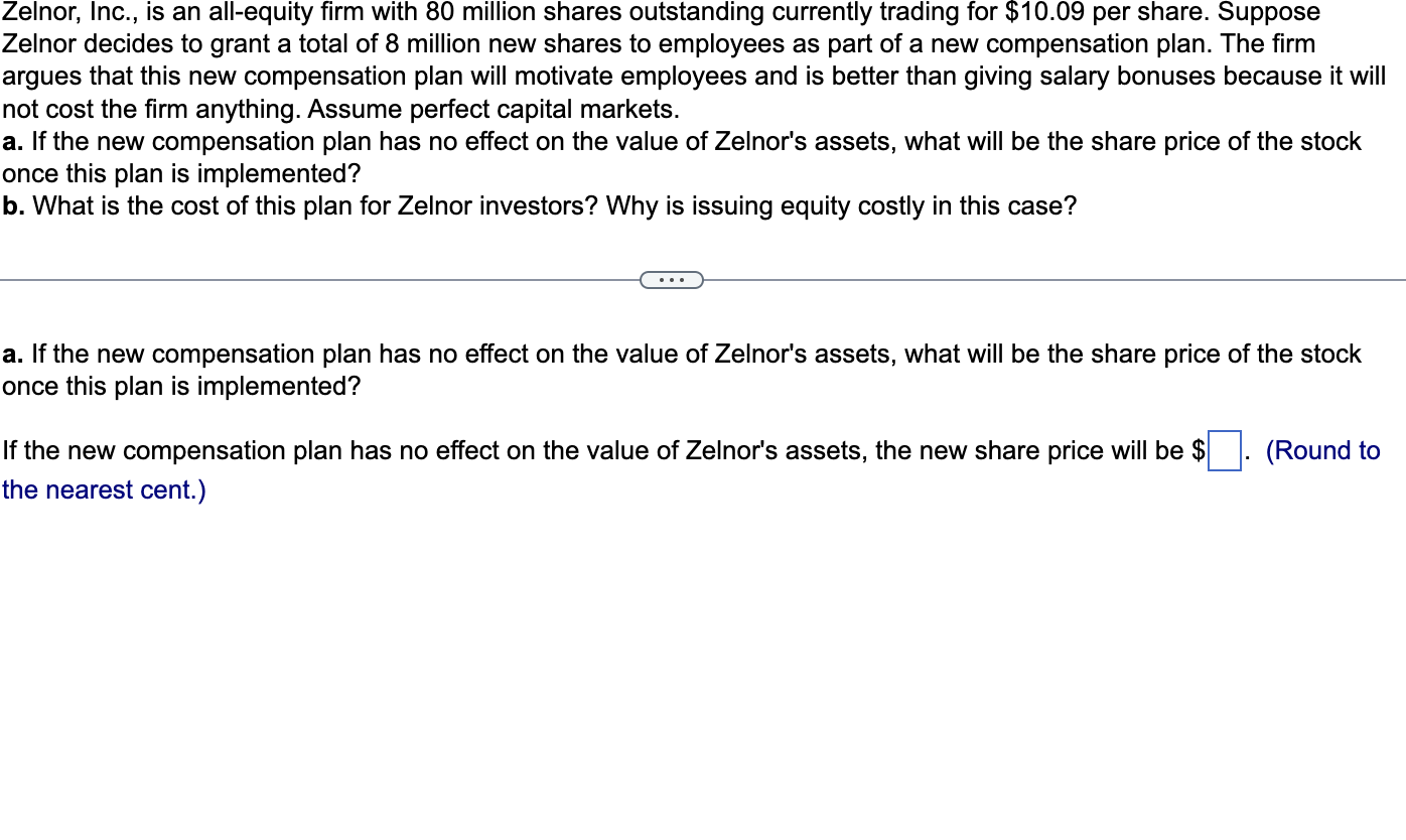 Solved Zelnor, Inc., is an all-equity firm with 80 million | Chegg.com