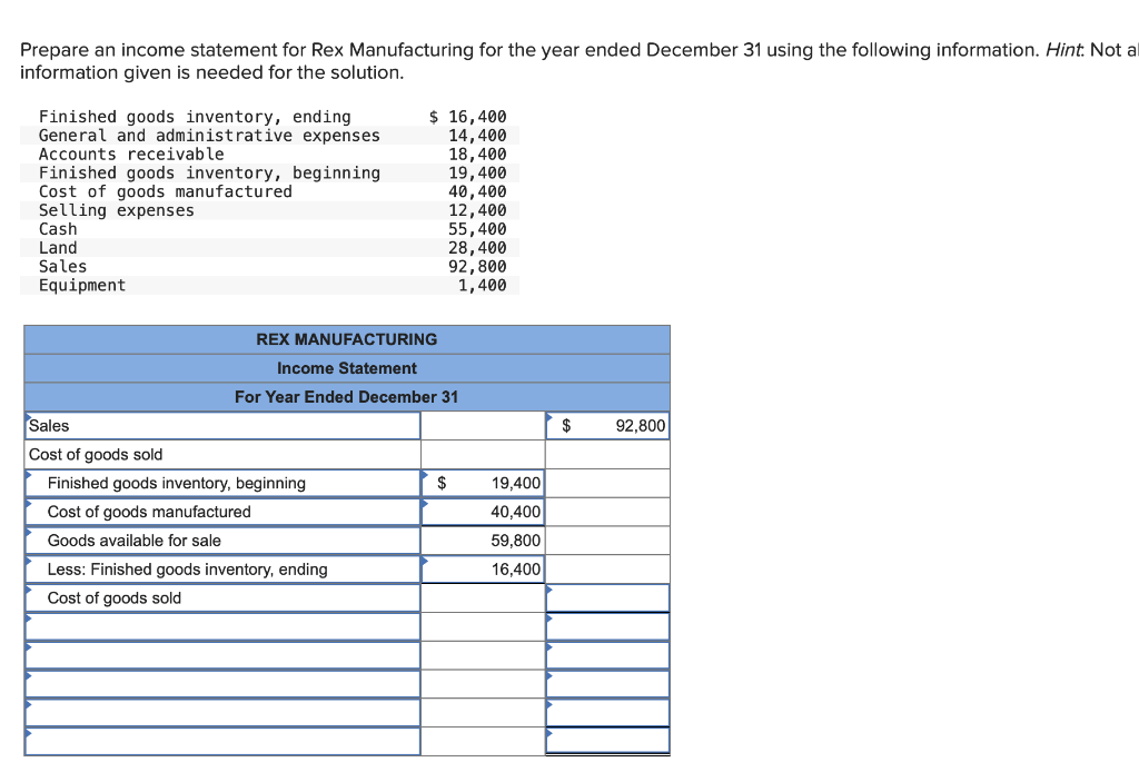 Solved Prepare an income statement for Rex Manufacturing for | Chegg.com