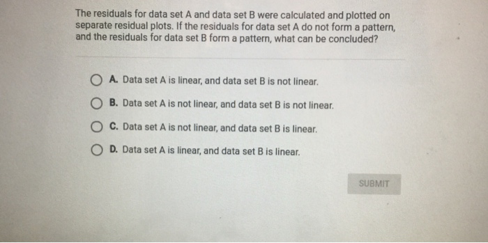 Solved The residuals for data set A and data set B were | Chegg.com