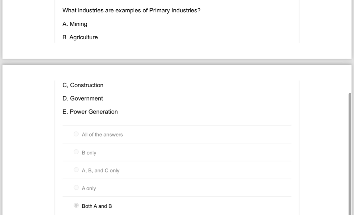 Solved What industries are examples of Primary Industries?A. | Chegg.com