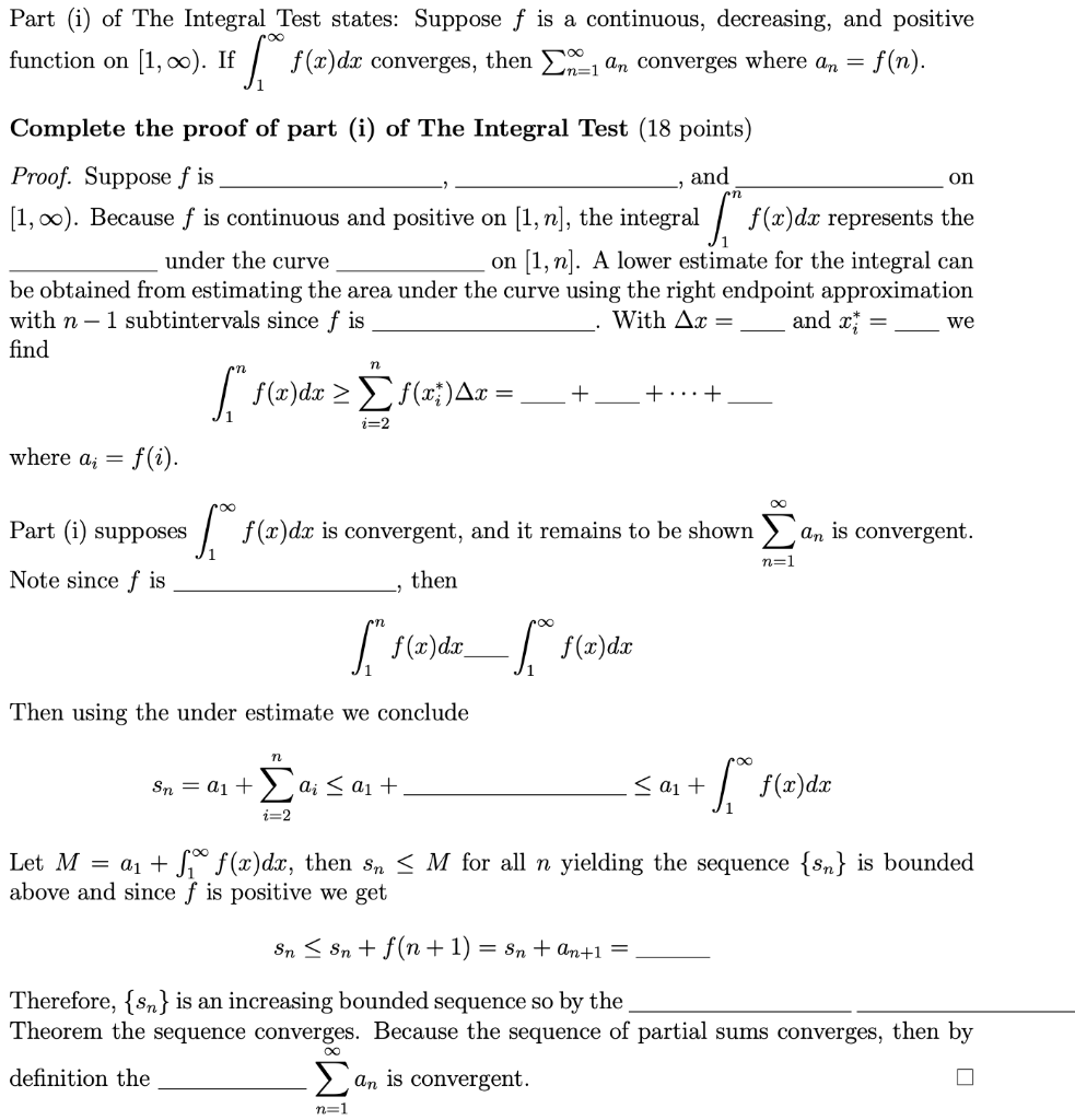 Solved Part (i) of The Integral Test states: Suppose f is a | Chegg.com
