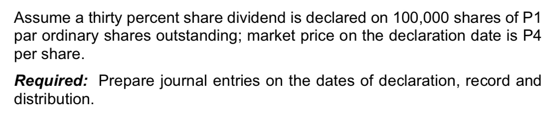 Solved Assume a thirty percent share dividend is declared on | Chegg.com