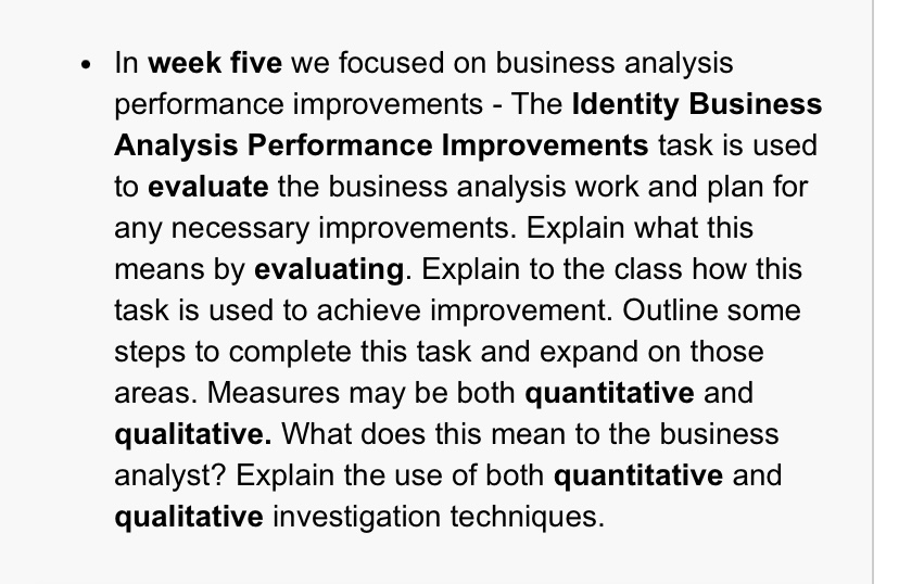 Solved - In week five we focused on business analysis | Chegg.com