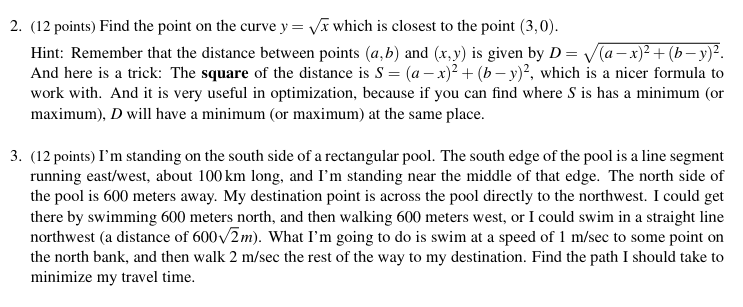 Solved 2. (12 points) Find the point on the curve y = x | Chegg.com