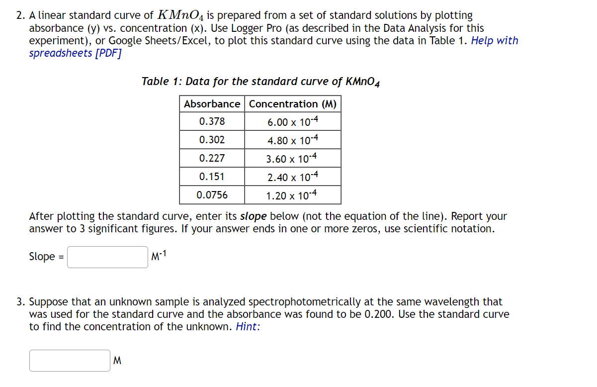 Solved A linear standard curve of KMnO4 ﻿is prepared from a | Chegg.com