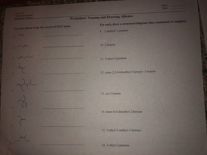 Solved Name: Date: Worksheet: Naming and Drawing Alkenes For | Chegg.com