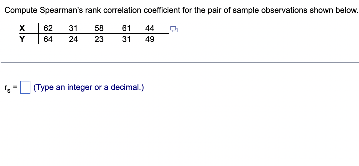 Solved Compute Spearman's rank correlation coefficient for | Chegg.com