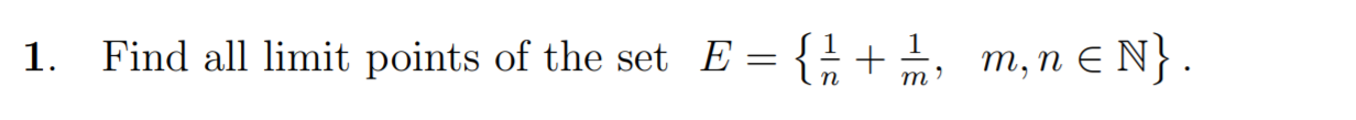 Solved 1. Find all limit points of the set E = {1+ 1 = m,n e | Chegg.com