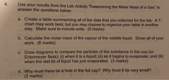 Solved Chemistry lab on MOlar mass of a gas and the | Chegg.com