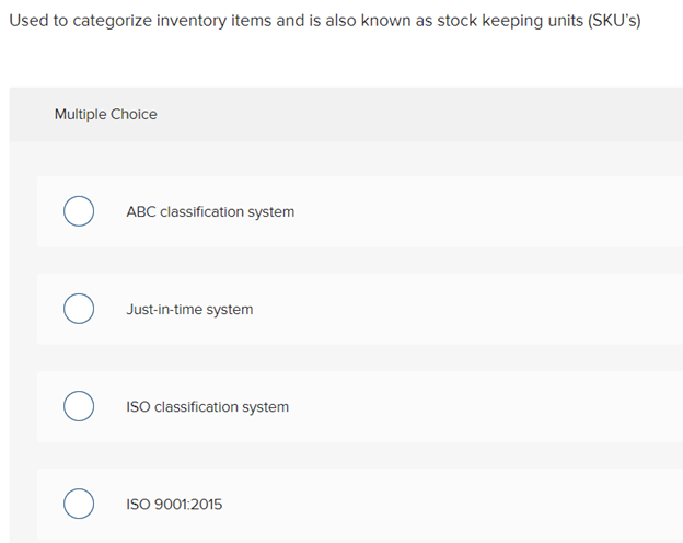 Solved Used to categorize inventory items and is also known | Chegg.com