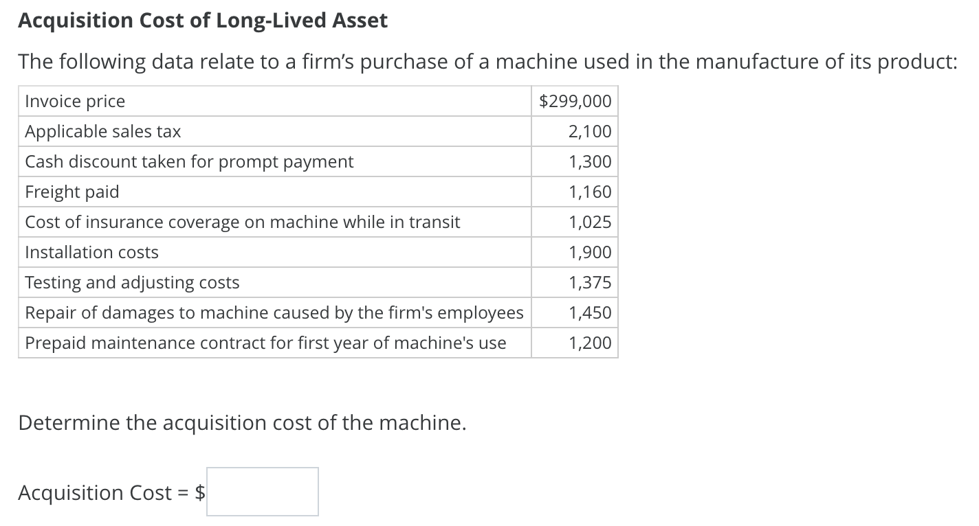 Solved Acquisition Cost of Long-Lived Asset The following | Chegg.com