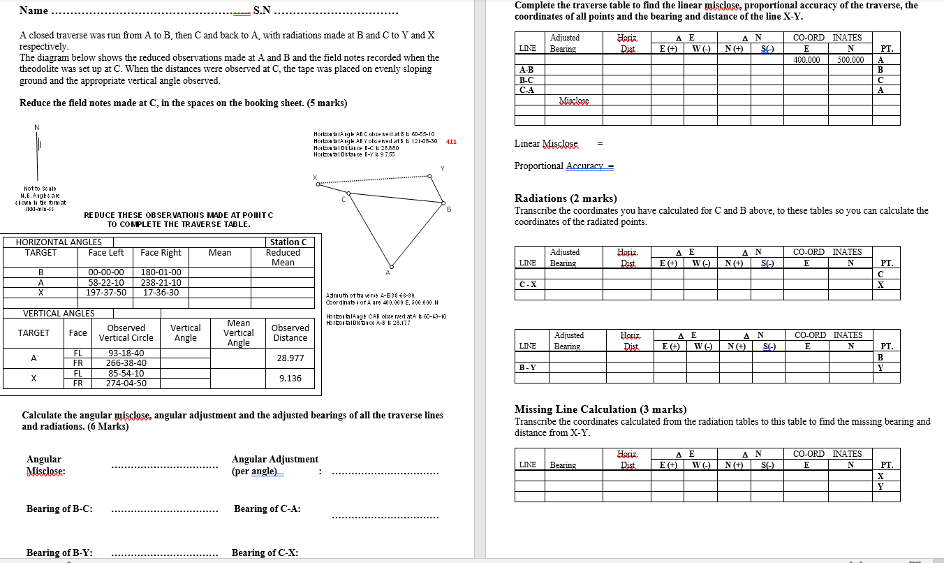 Solved Name S.N Complete the traverse table to find the | Chegg.com