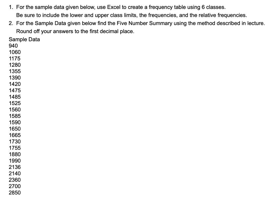 Solved 1. For the sample data given below, use Excel to | Chegg.com