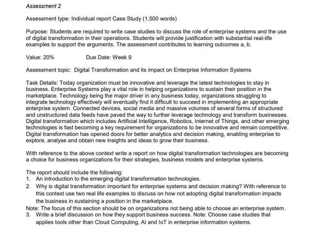 Solved Assessment 2 Assessment type: Individual report Case | Chegg.com