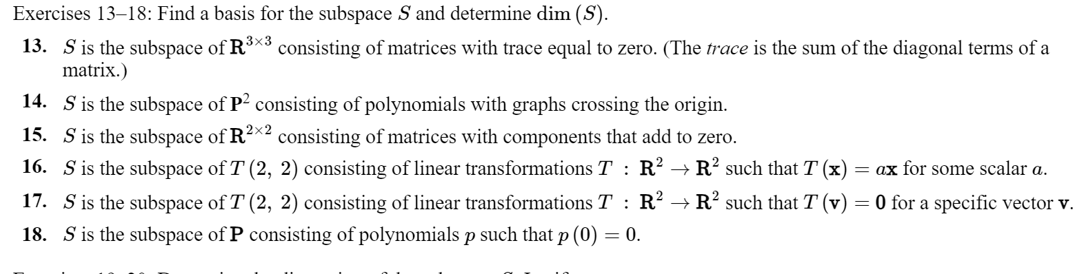 Solved Exercises 13-18: Find a basis for the subspace S and | Chegg.com